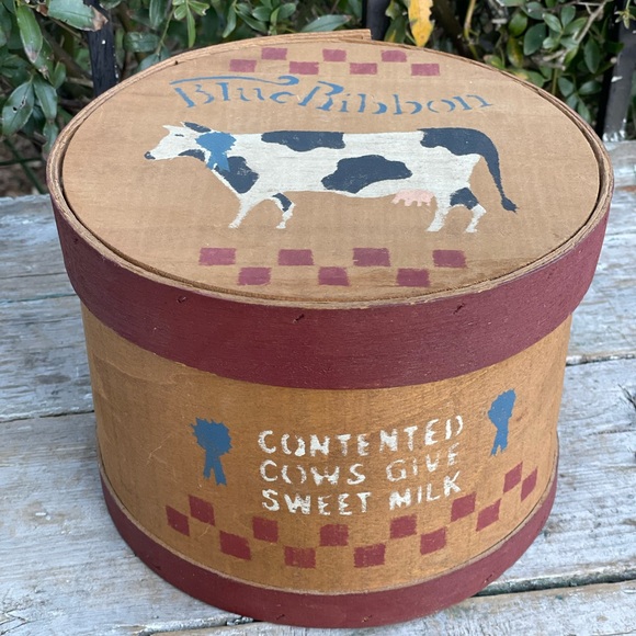Accents | Vintage Primitive Farmhouse Blue Ribbon Cow Wooden Hat Box ...